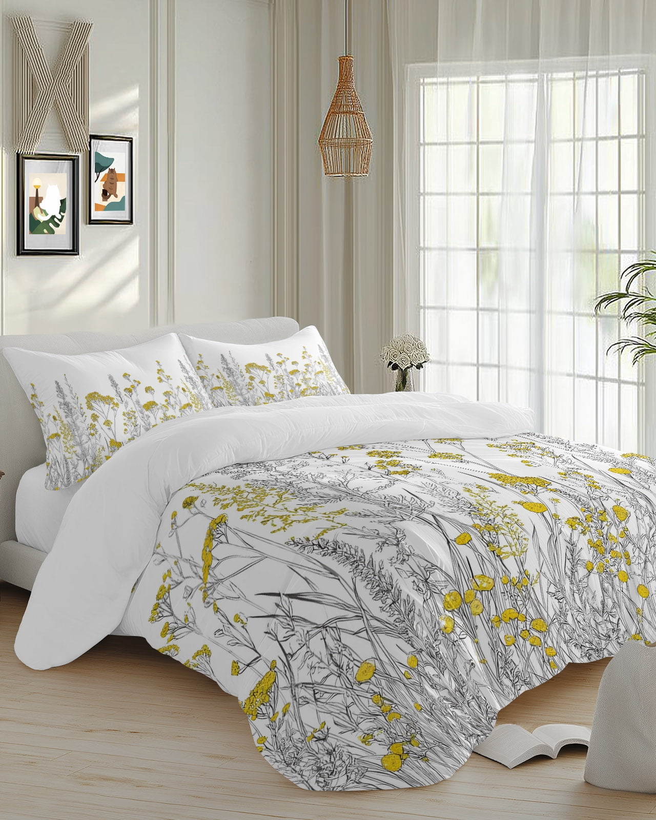 4 Piece Duvet Cover Set Cal king, Watercolor Pastoral Flower Leaf Soft ...