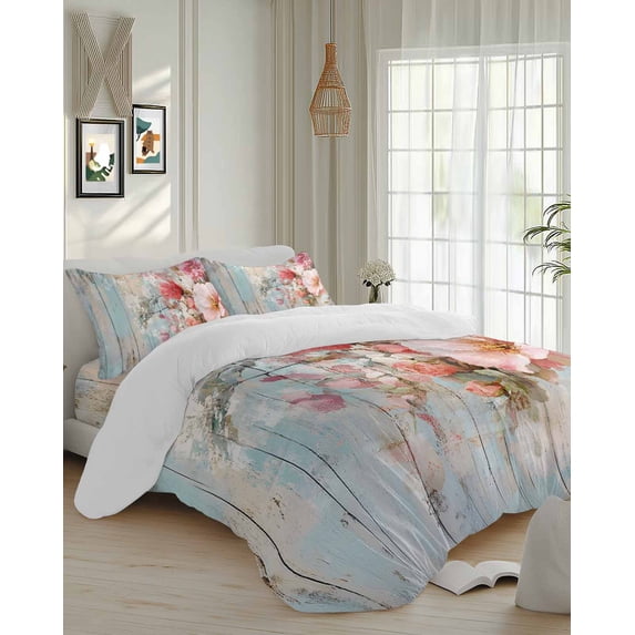 4 Piece Duvet Cover Set Cal king, Watercolor Pastoral Flowers on Wooden ...