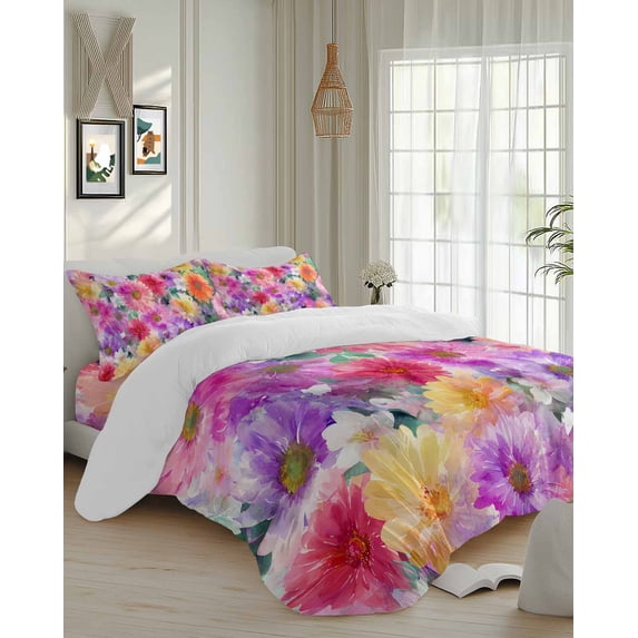 4 Piece Duvet Cover Set Cal king, Watercolor Pink Purple Yellow Flowers ...