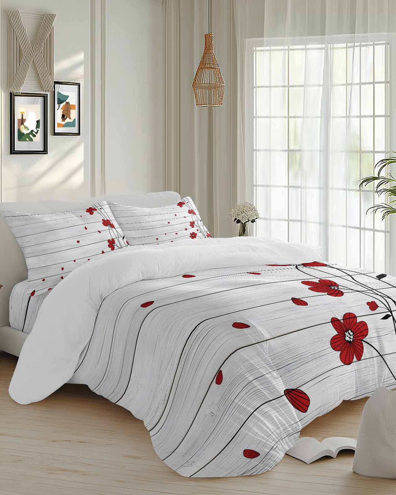 4 Piece Duvet Cover Set Cal king, Watercolor Red Flower Farm Wood Grian ...