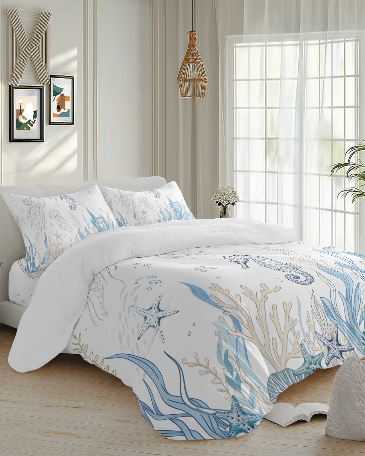 4 Piece Duvet Cover Set Cal king, Watercolor Seahorse Jellyfish Soft ...