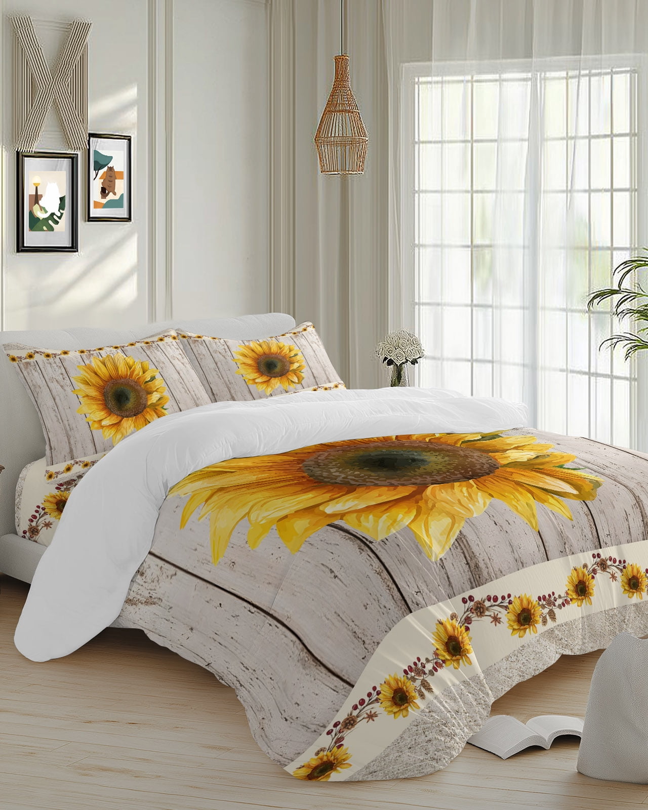 4 Piece Duvet Cover Set Cal king, Watercolor Sunflower Berry on Wood ...
