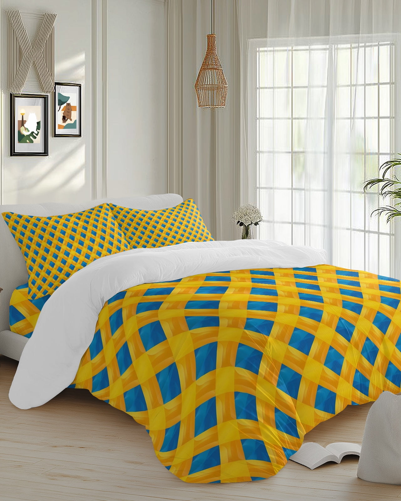 4 Piece Duvet Cover Set Cal king, Watercolor Yellow Rhombus Check on ...
