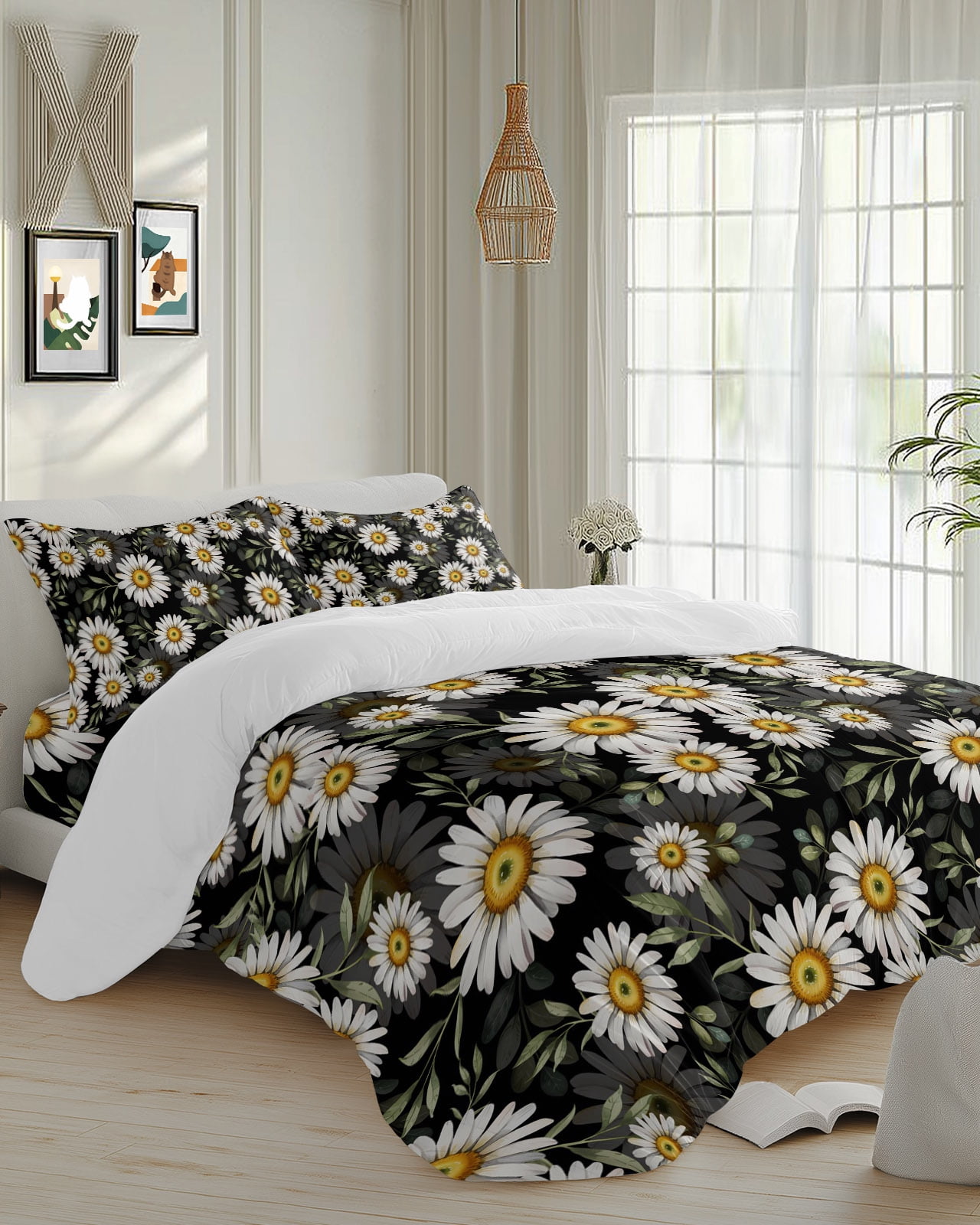 4 Piece Duvet Cover Set Cal king, White Daisy Flower Green Leaves Soft ...