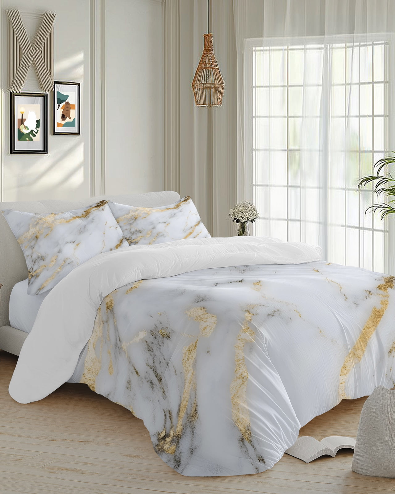 4 Piece Duvet Cover Set Cal king, White Marble Golden Lines Soft ...