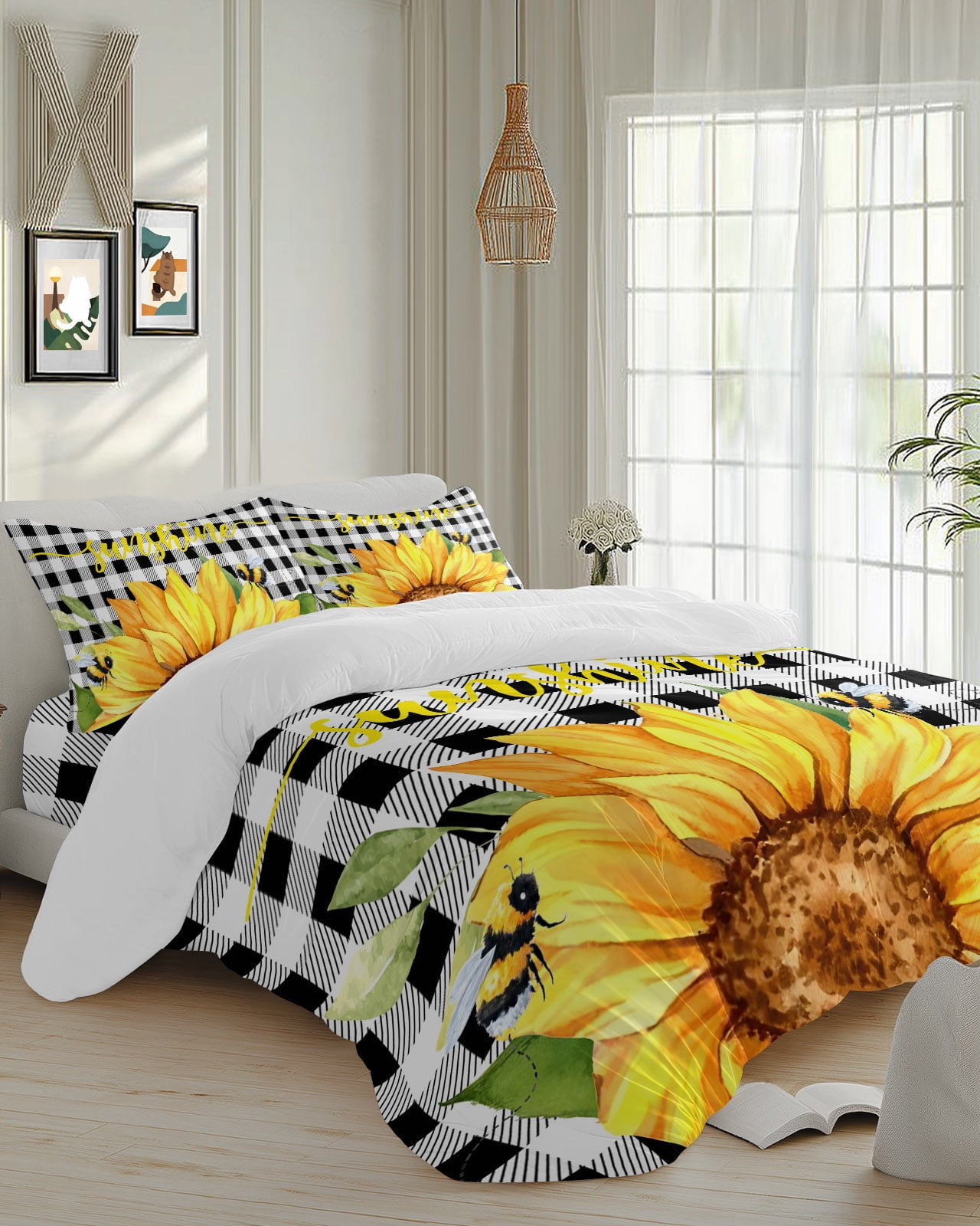 4 Piece Duvet Cover Set Cal king, Yellow Sunflower Sunshine Black White ...