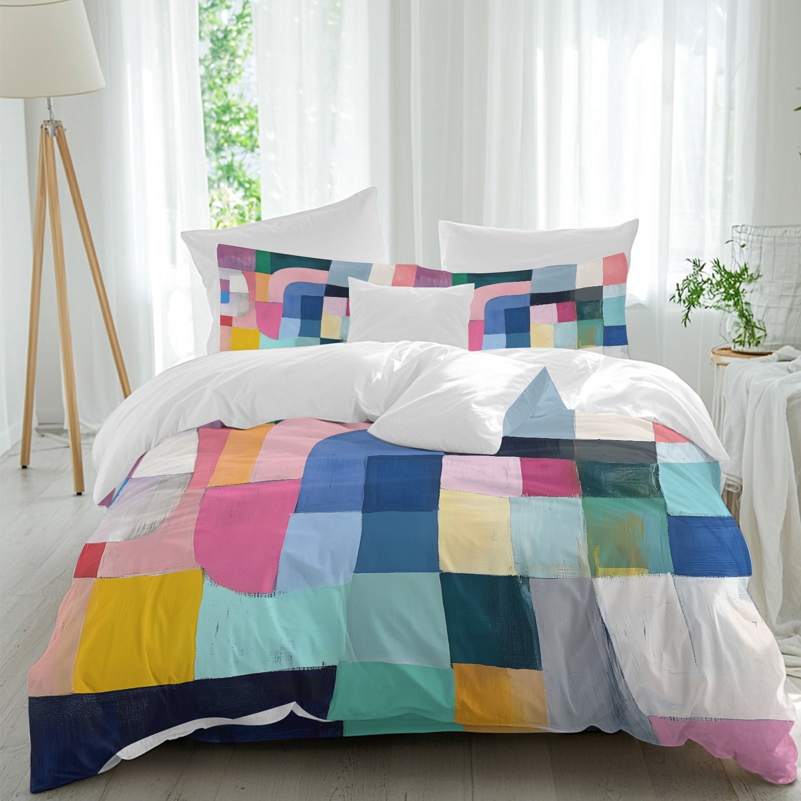 4 Piece Duvet Cover Set Full, Abstract Art Colorful Splicing Plaid Soft ...