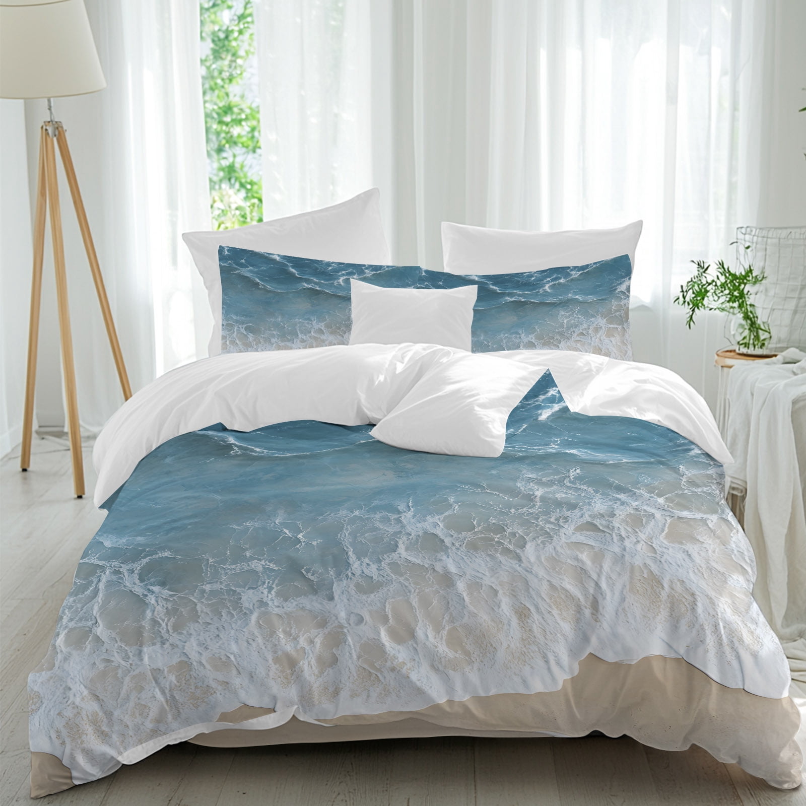 4 Piece Duvet Cover Set Full, Abstract Blue White Ocean Waves Soft ...