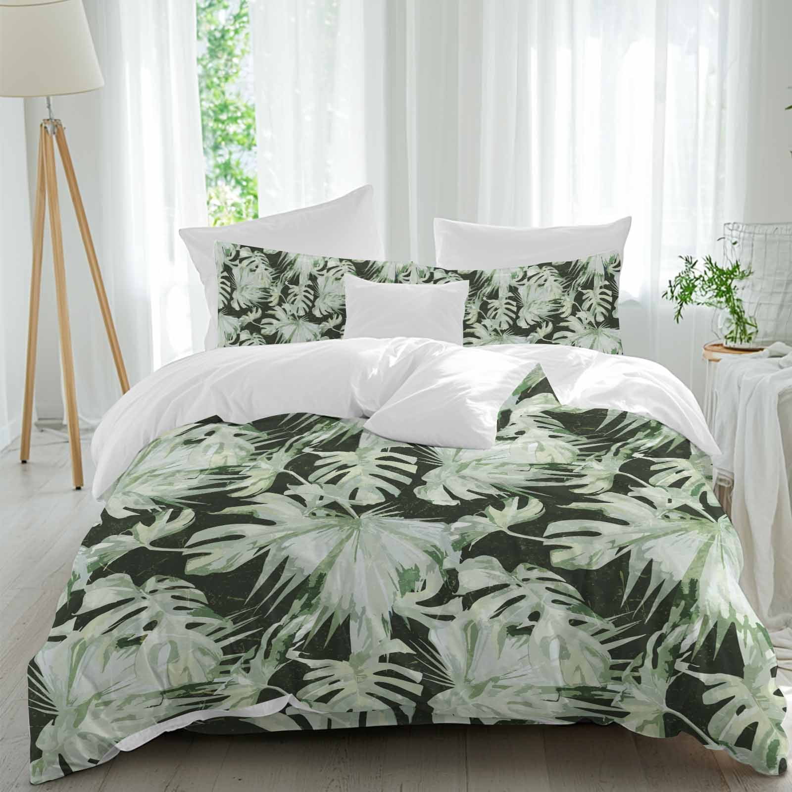 4 Piece Duvet Cover Set Full, Abstract Dark Green Palm Leaves Soft ...