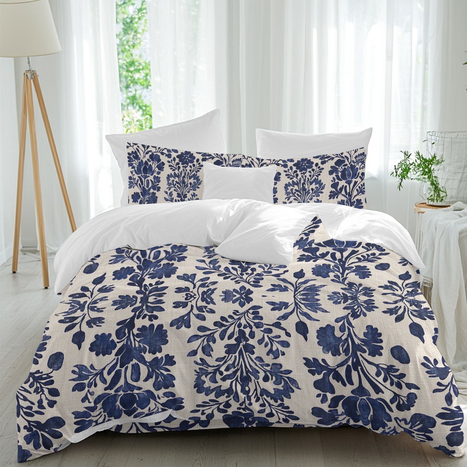 4 Piece Duvet Cover Set Full, Abstract Flower Deep Blue Soft Breathable ...