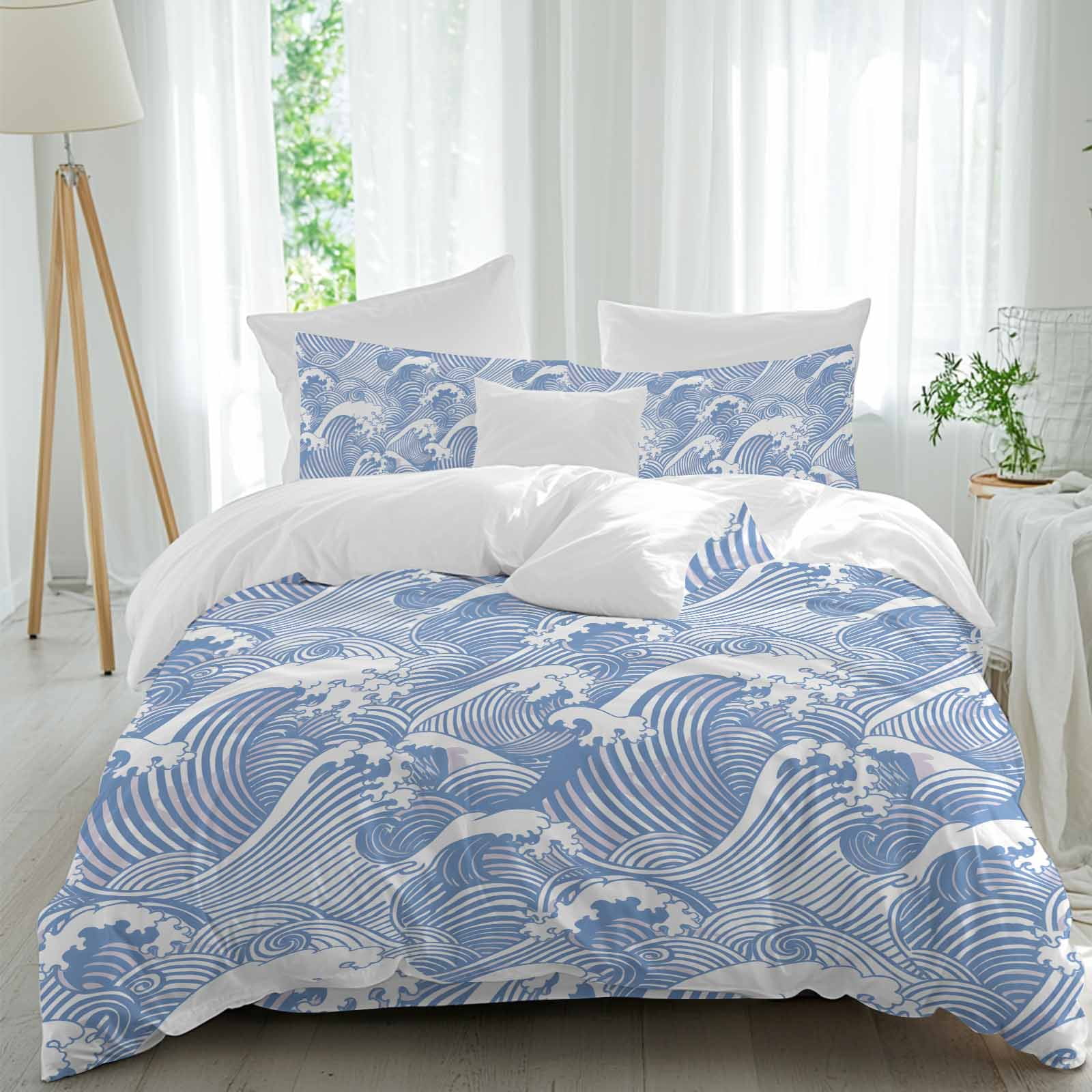 4 Piece Duvet Cover Set Full, Abstract Ocean Wave Blue Stripe Soft ...
