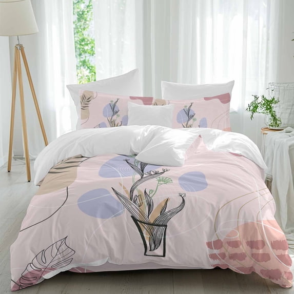 4 Piece Duvet Cover Set Full, Abstract Plant Mid Century Boho Style ...