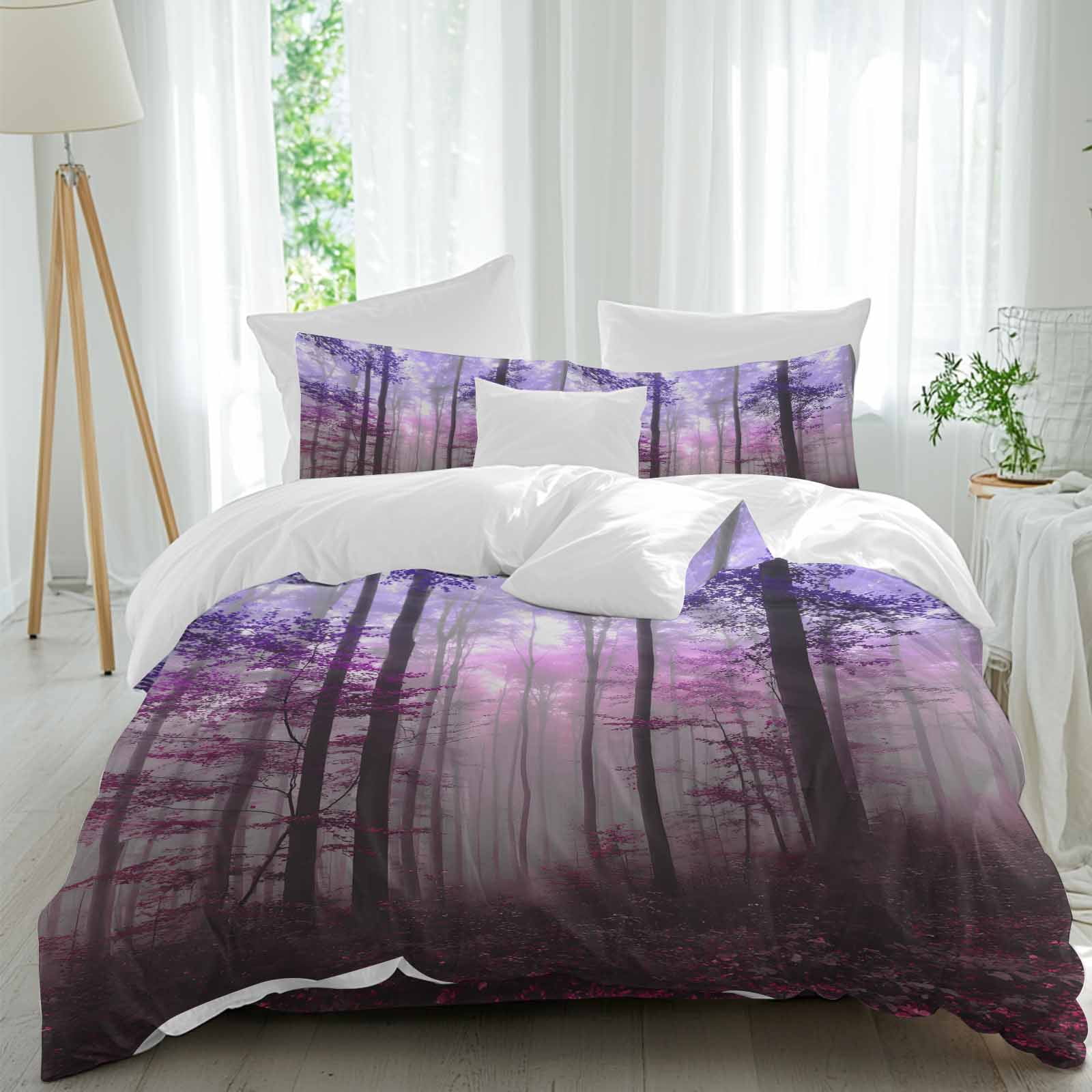 4 Piece Duvet Cover Set Full, Abstract Purple Misty Purple Forest Soft ...
