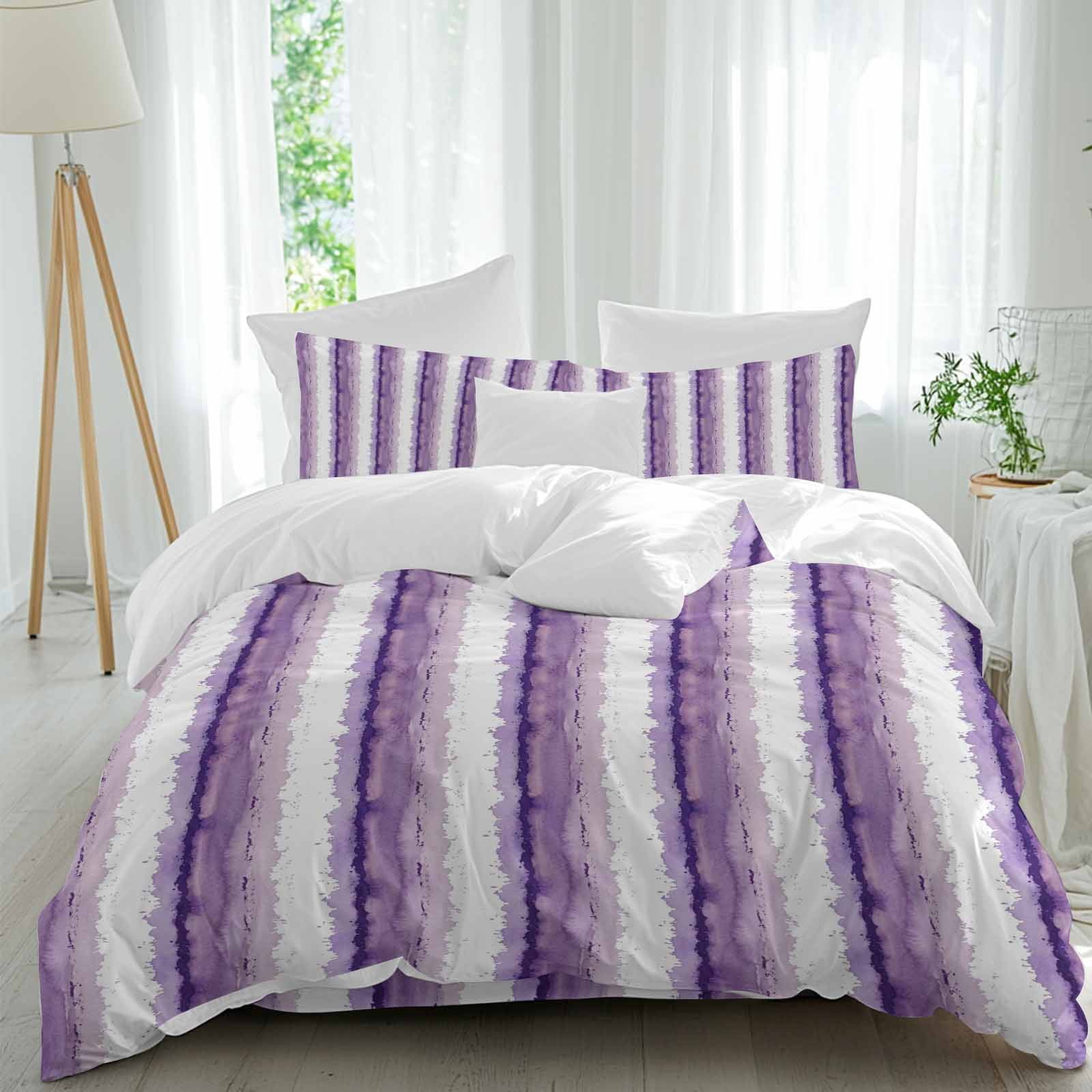 4 Piece Duvet Cover Set Full, Abstract Purple White Stripe Soft ...