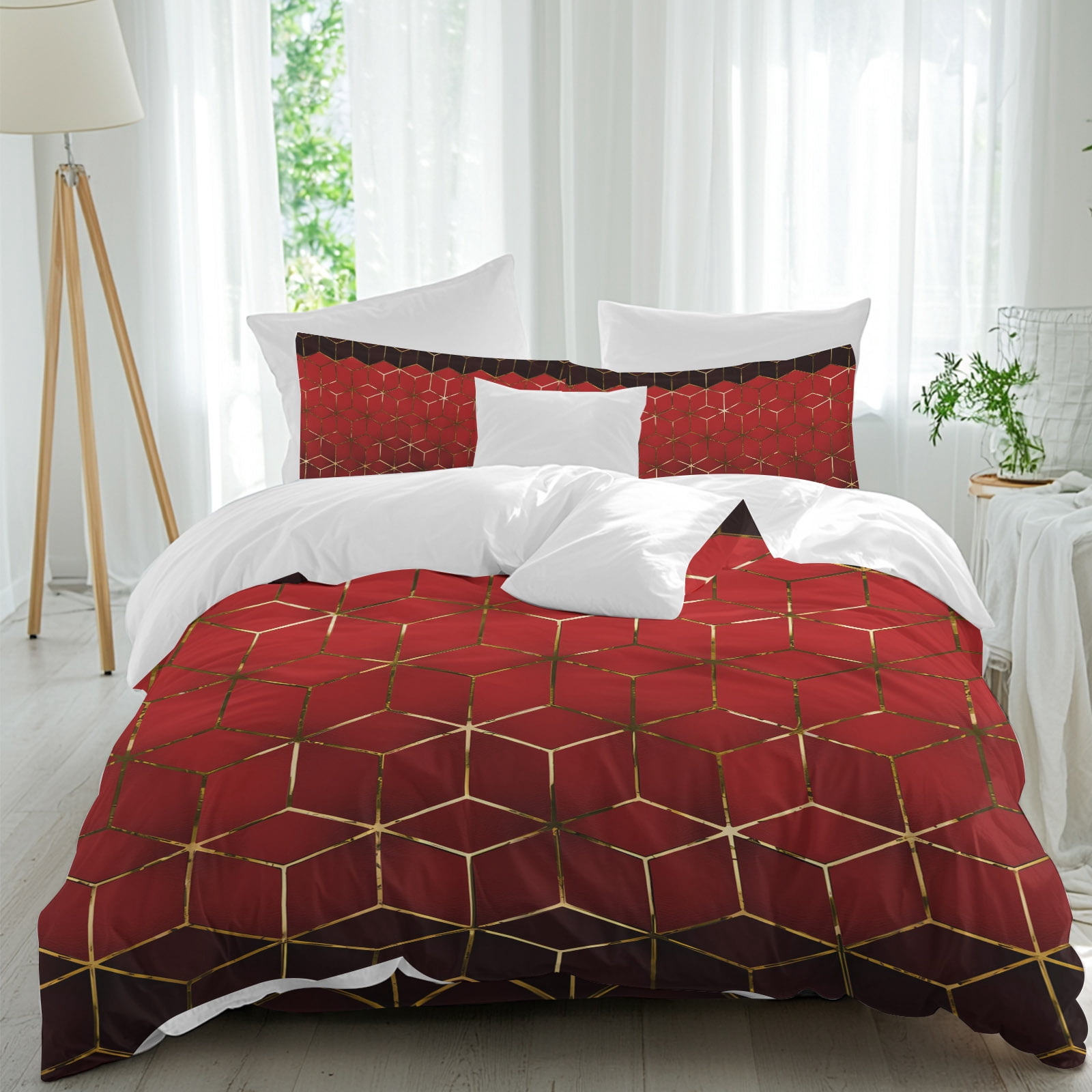 4 Piece Duvet Cover Set Full, Abstract Red Gradient Geometric Soft ...