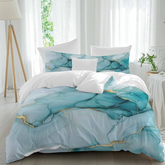 4 Piece Duvet Cover Set Full, Abstract Teal Marble Gold Stripe Soft ...