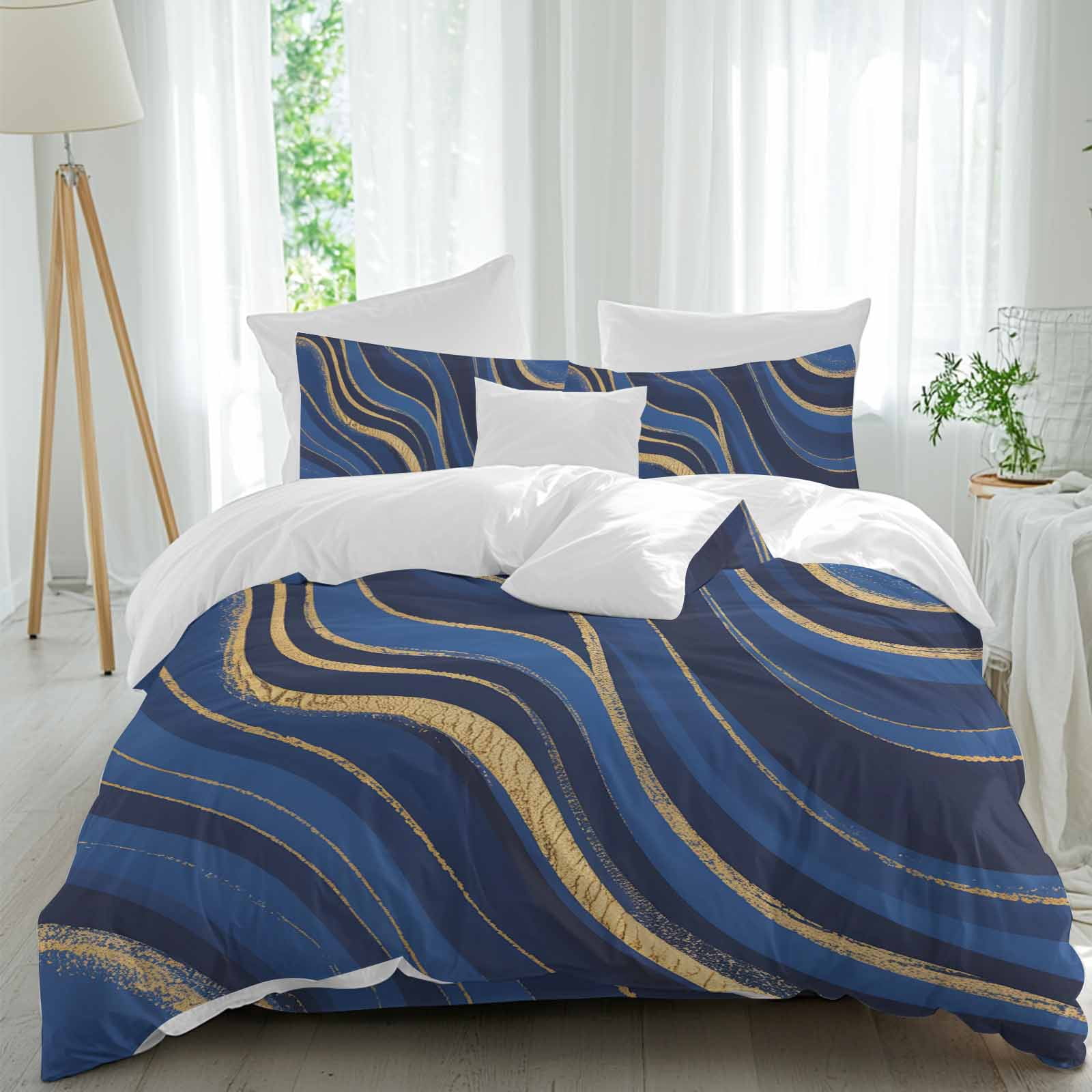 4 Piece Duvet Cover Set Full, Abstracts Yellow Blue Lines Soft ...