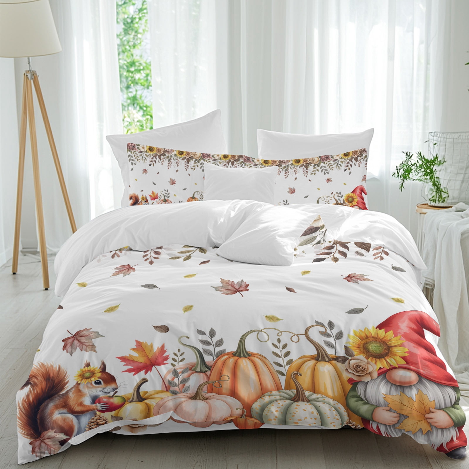 4 Piece Duvet Cover Set Full, Autumn Maple Leaf Gnome Squirrel Soft ...