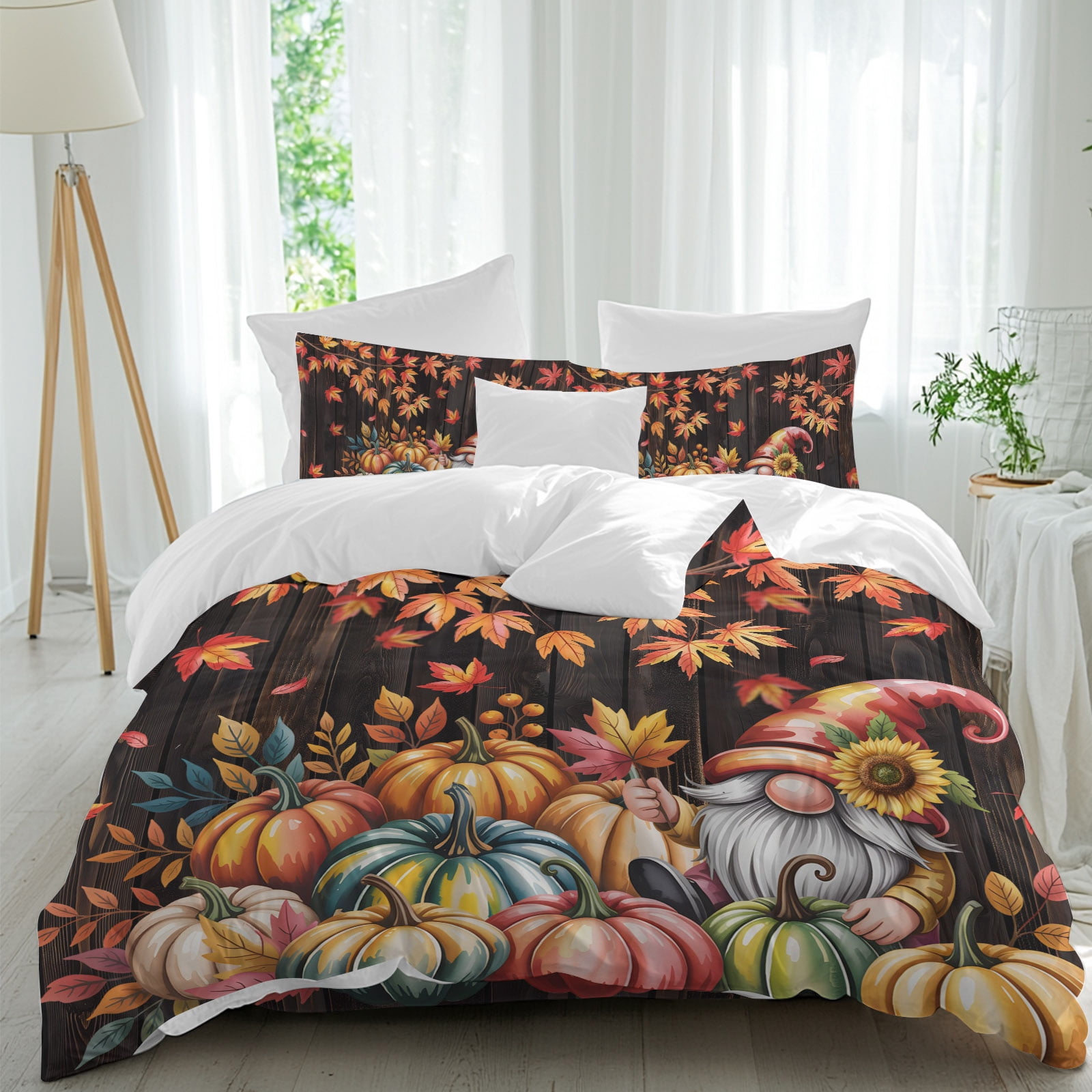 4 Piece Duvet Cover Set Full, Autumn Pumpkin Gnome on Brown Wood Soft ...