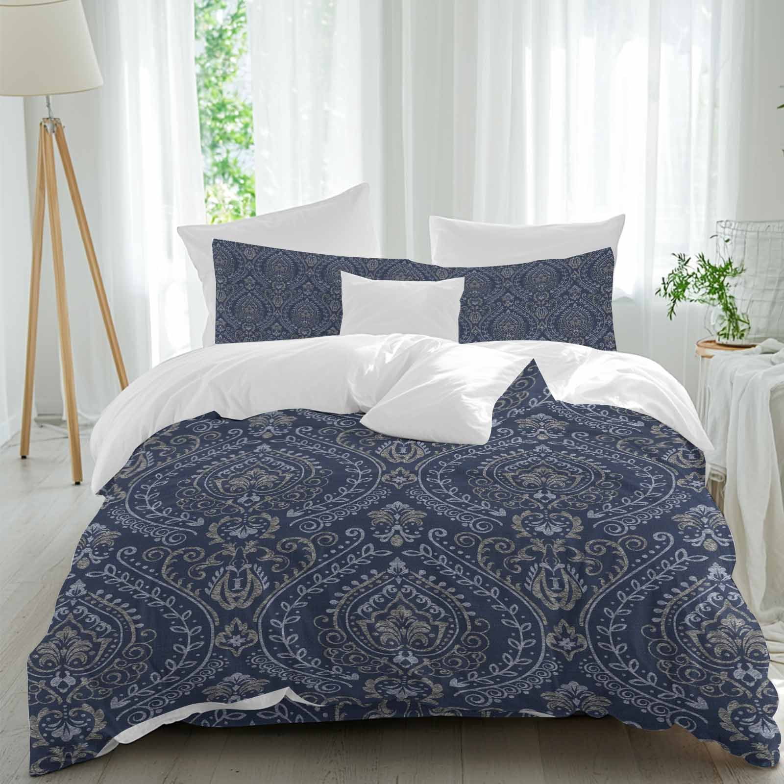 4 Piece Duvet Cover Set Full, Baroque Dark Blue Retro Floral Texture ...