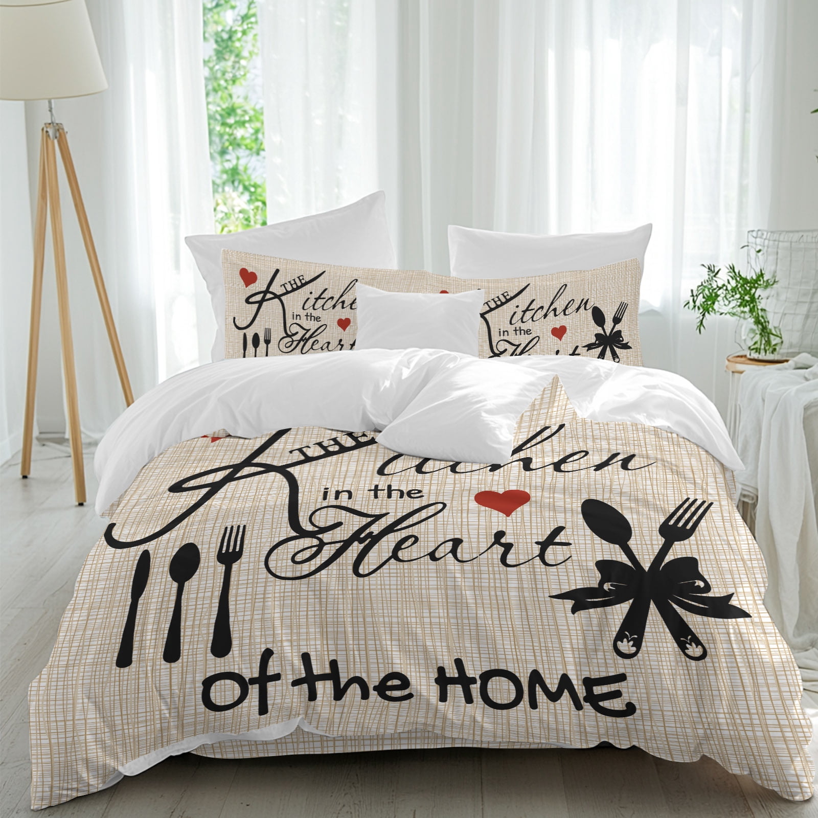4 Piece Duvet Cover Set Full, Beige Plaid Tableware Silhouette Soft ...
