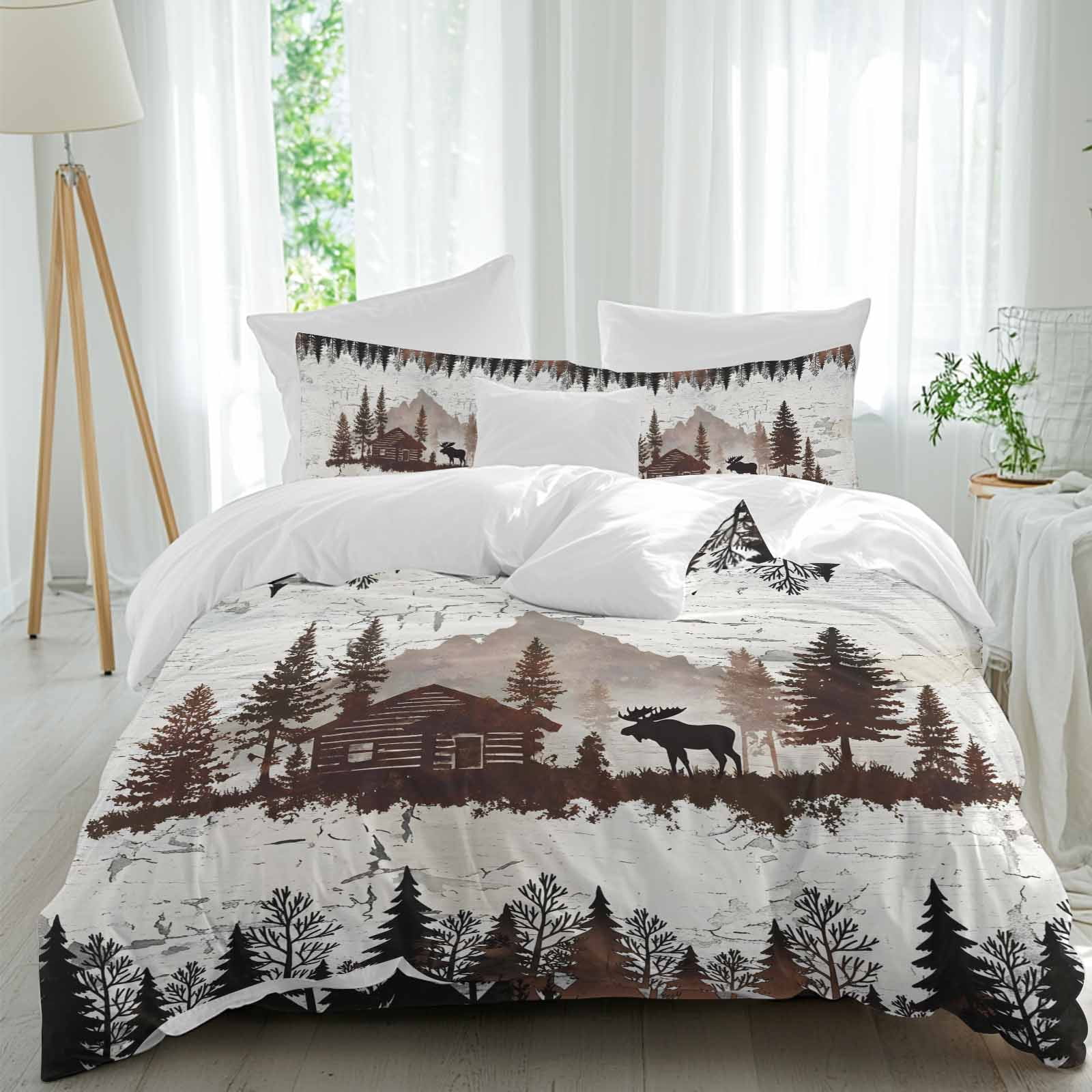 4 Piece Duvet Cover Set Full, Black Deer Forest Wooden House Soft ...