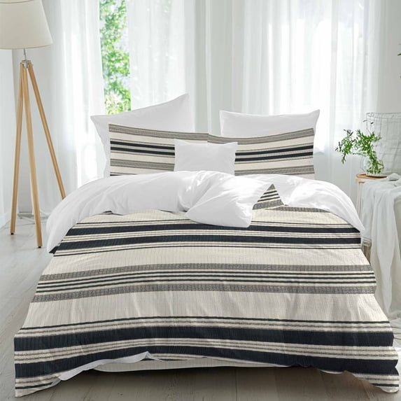 4 Piece Duvet Cover Set Full, Black Stripe Retro Linen Soft Breathable ...