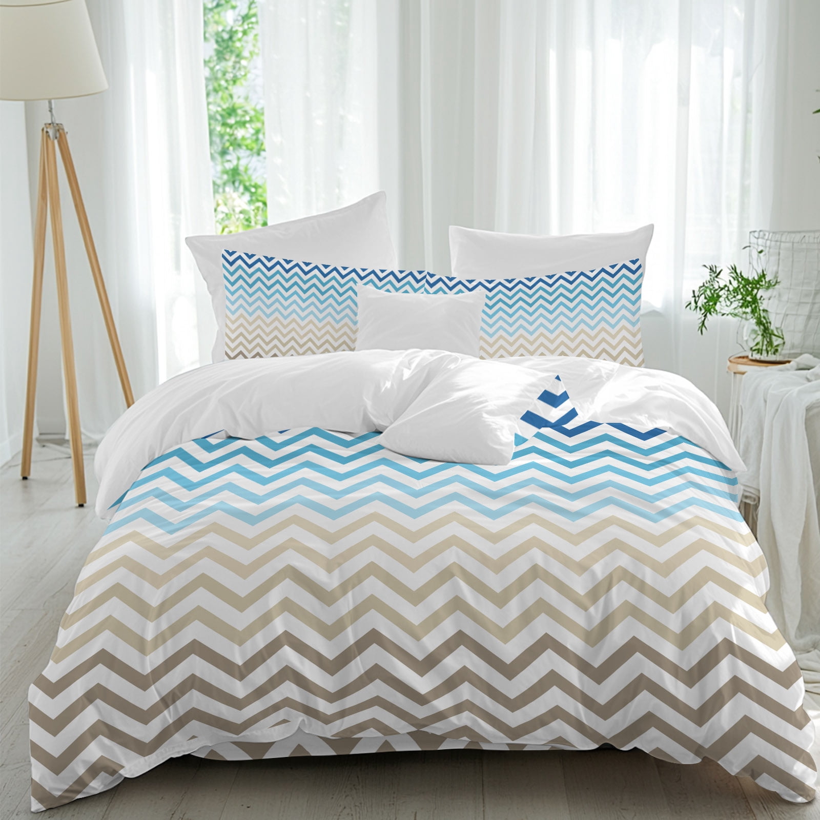 4 Piece Duvet Cover Set Full, Blue Gradient Ripple Zigzag Chevron Soft ...