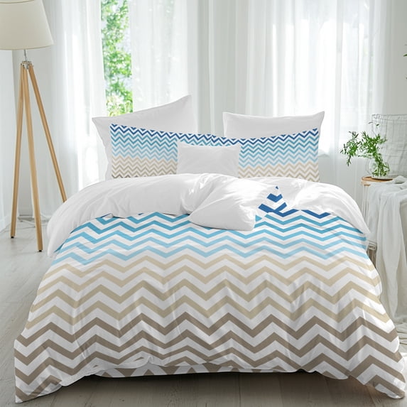 4 Piece Duvet Cover Set Full, Blue Gradient Ripple Zigzag Chevron Soft ...