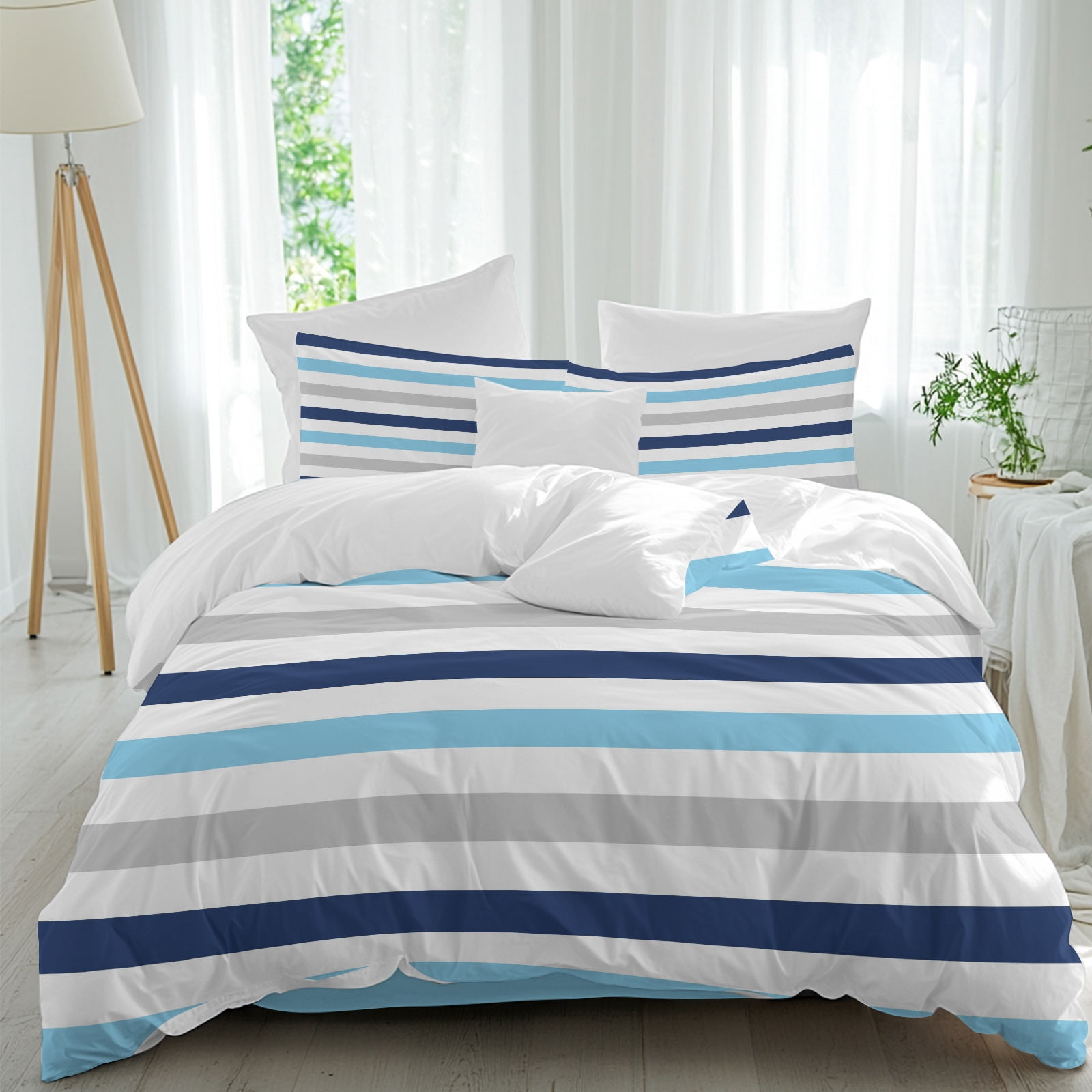 4 Piece Duvet Cover Set Full, Blue Gradient Stripes Geometric Soft ...