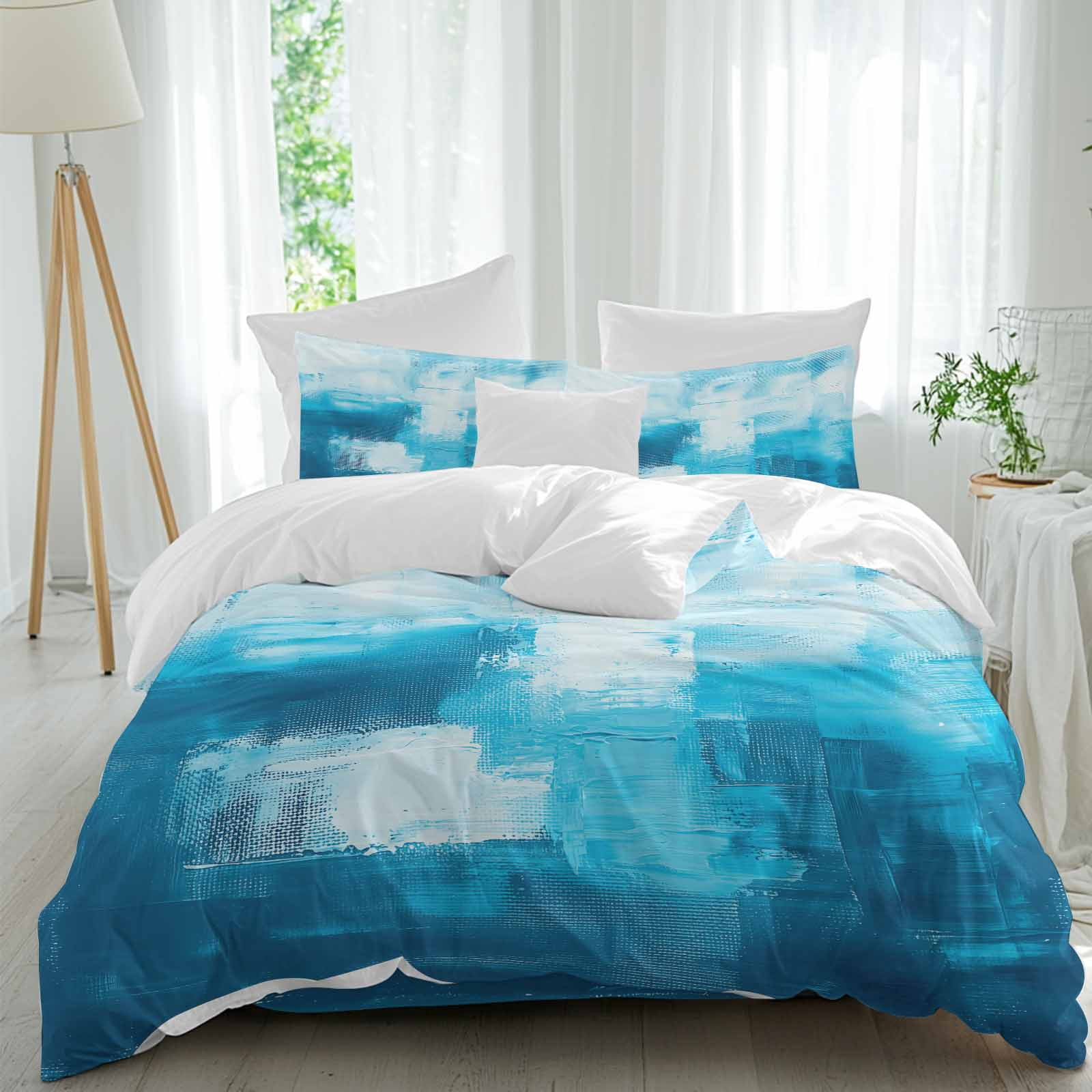 4 Piece Duvet Cover Set Full, Blue Gradient Watercolor Oil Painting ...