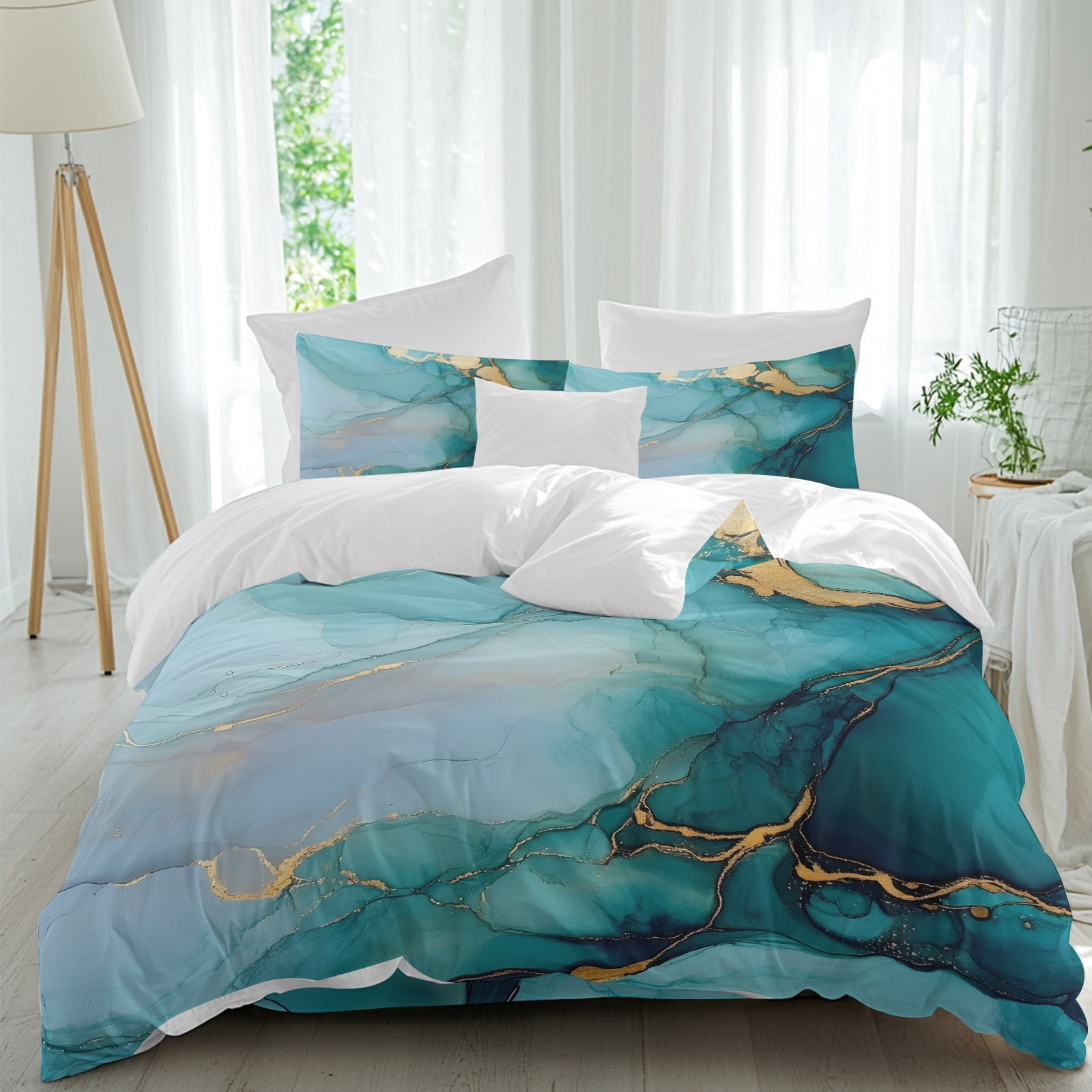 4 Piece Duvet Cover Set Full, Blue Green Marble Texture Soft Breathable ...