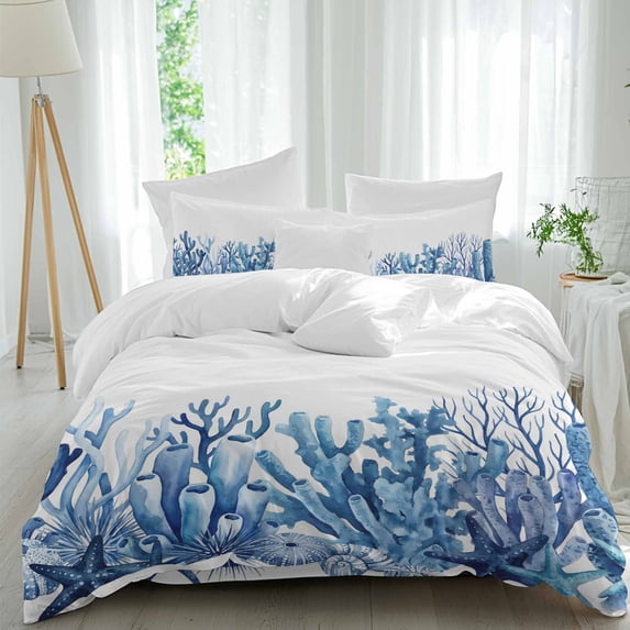 4 Piece Duvet Cover Set Full, Blue Ocean Coral Starfish Soft Breathable ...