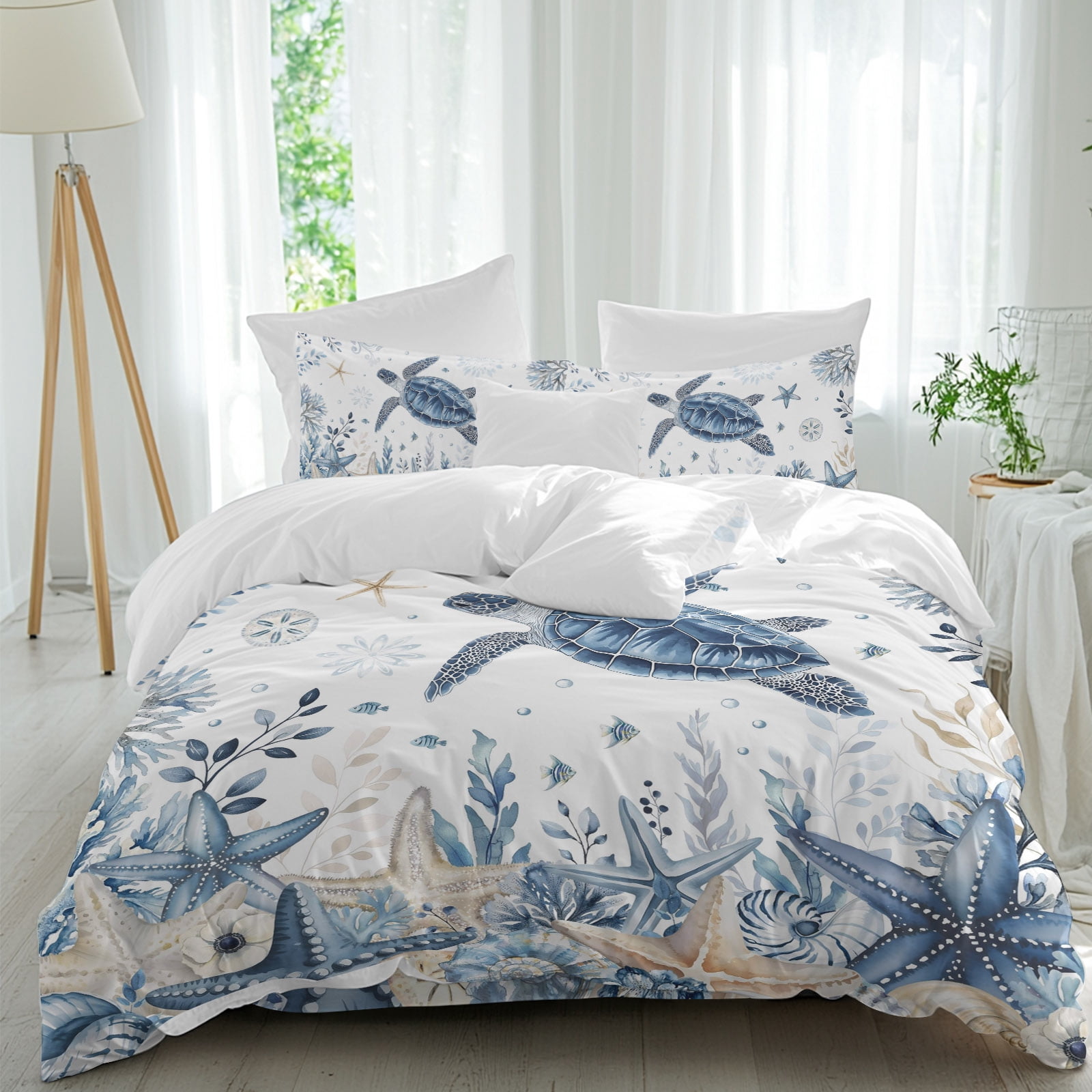 4 Piece Duvet Cover Set Full, Blue Sea Turtle Starfish Coral Shells ...