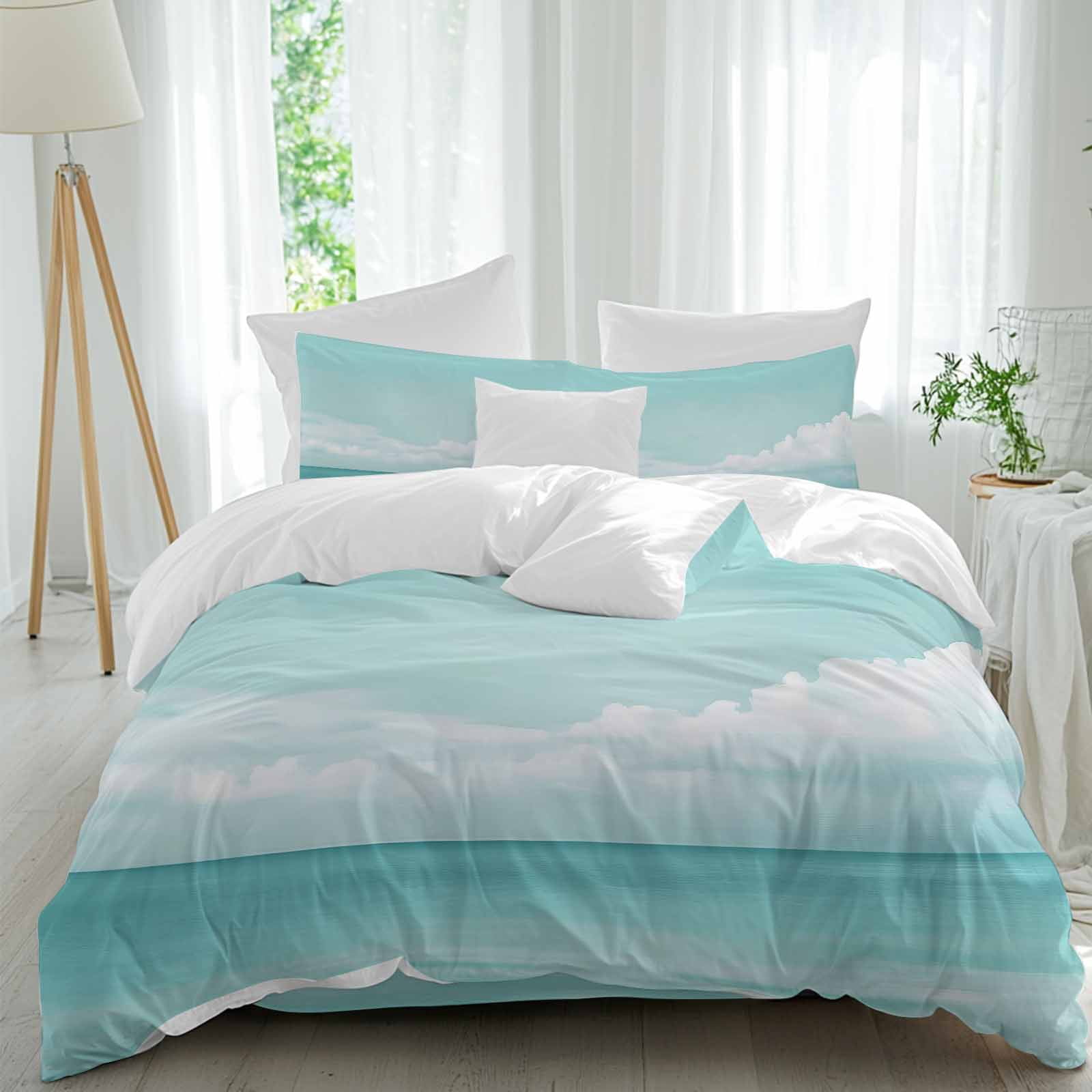 4 Piece Duvet Cover Set Full, Blue Sea White Clouds Soft Breathable ...
