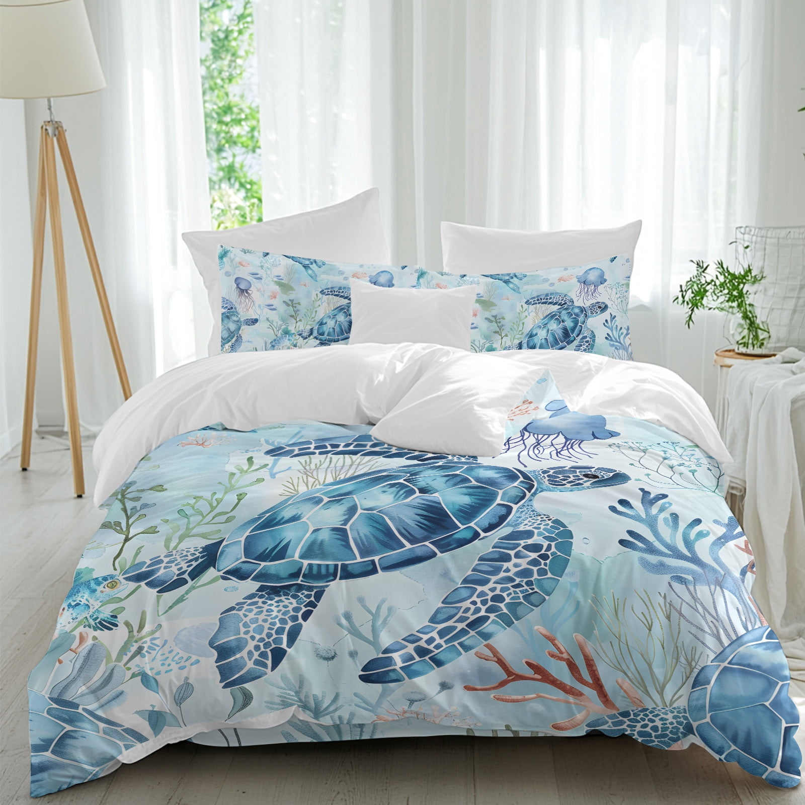 4 Piece Duvet Cover Set Full, Cartoon Sea Turtle Blue Coral Jellyfish ...