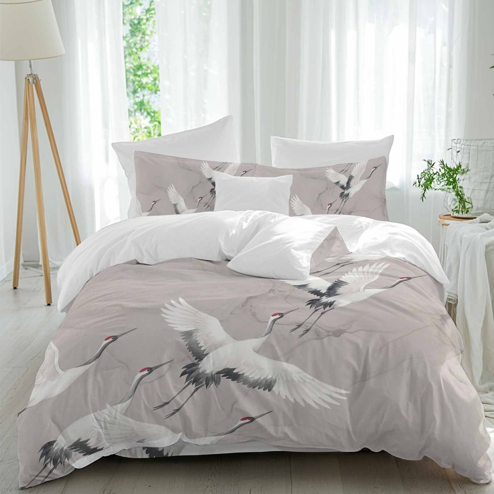 4 Piece Duvet Cover Set Full, Chinoiserie Watercolor Flying Crane Soft ...