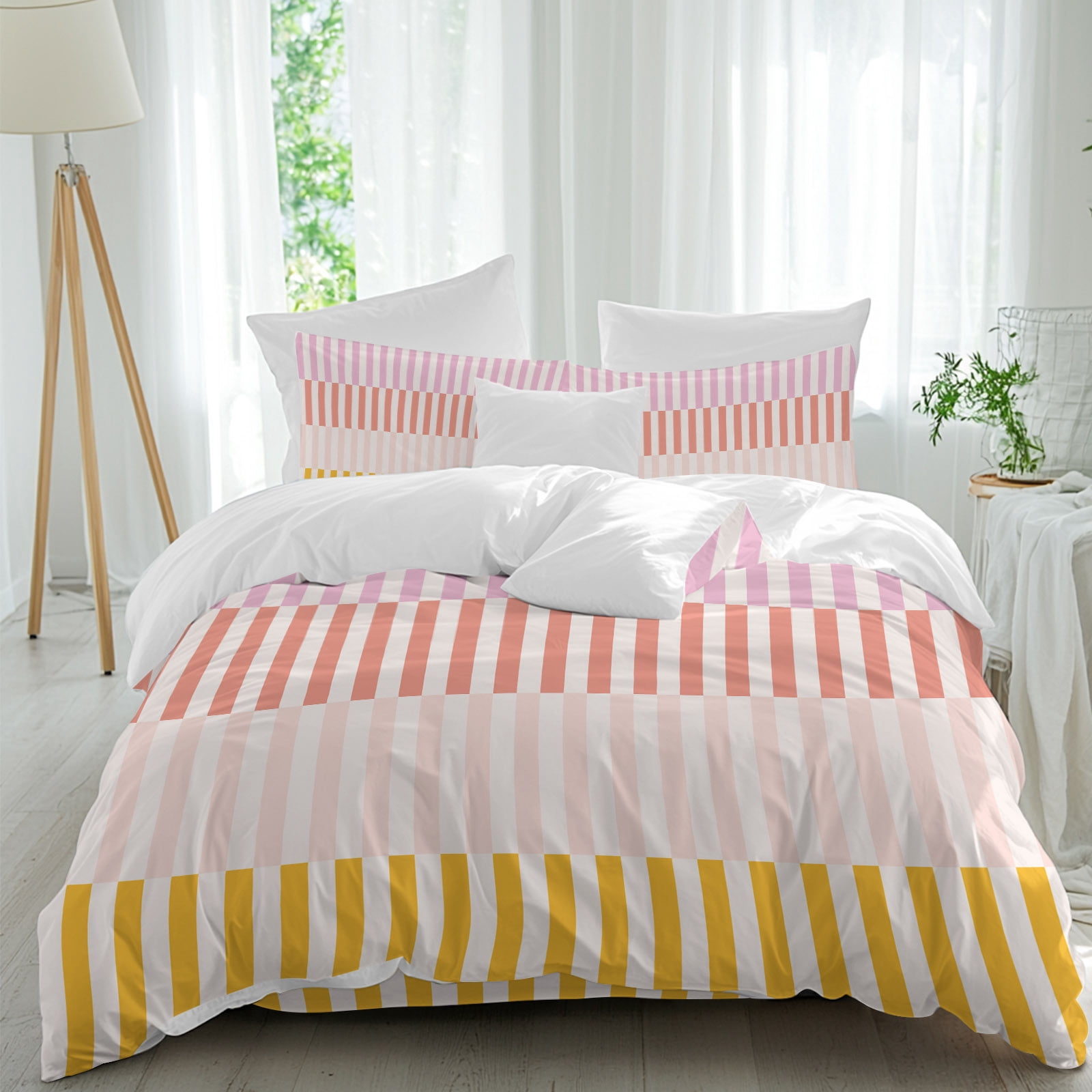 4 Piece Duvet Cover Set Full, Classic Pink Red Orange Pinstripes Soft ...