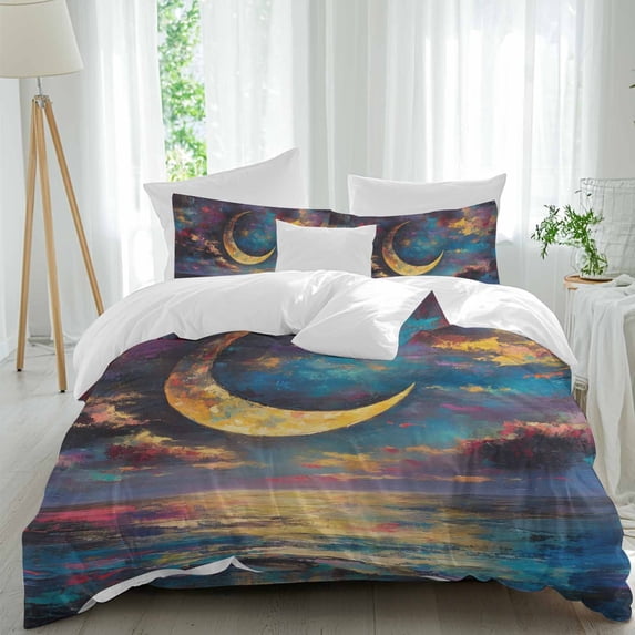 4 Piece Duvet Cover Set Full, Coastal Night Moon Ocean Seascape Soft ...