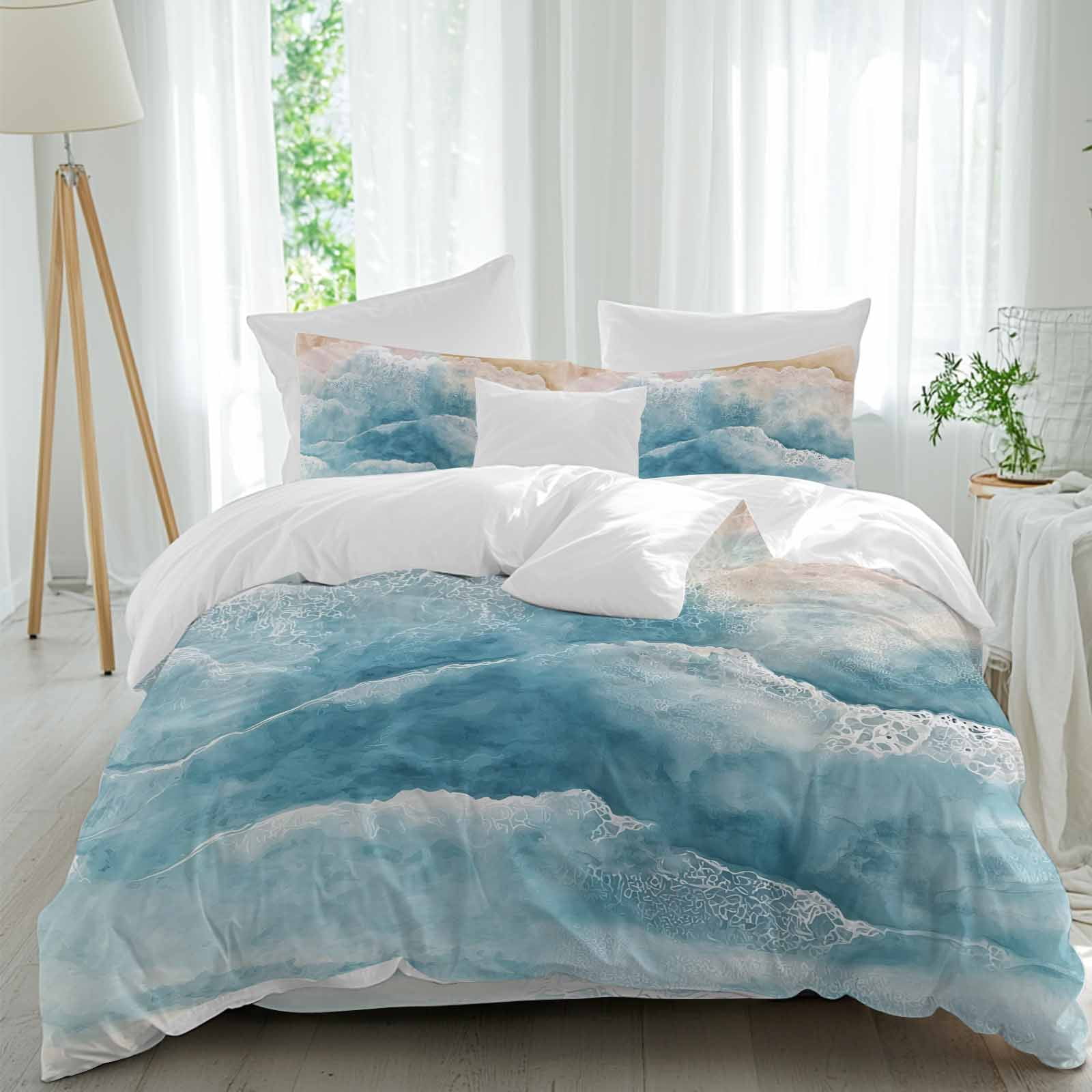 4 Piece Duvet Cover Set Full, Coastal Ocean Waves Soft Breathable ...