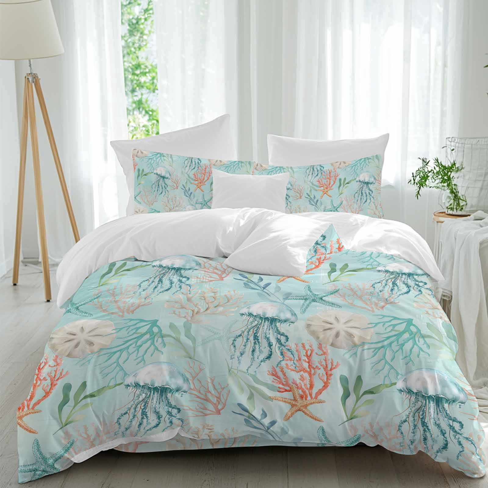 4 Piece Duvet Cover Set Full, Coastal Sea Jellyfish Coral Starfish Soft ...