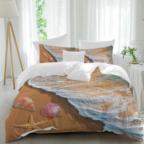 4 Piece Duvet Cover Set Full, Coastal Seashells Starfish Soft ...
