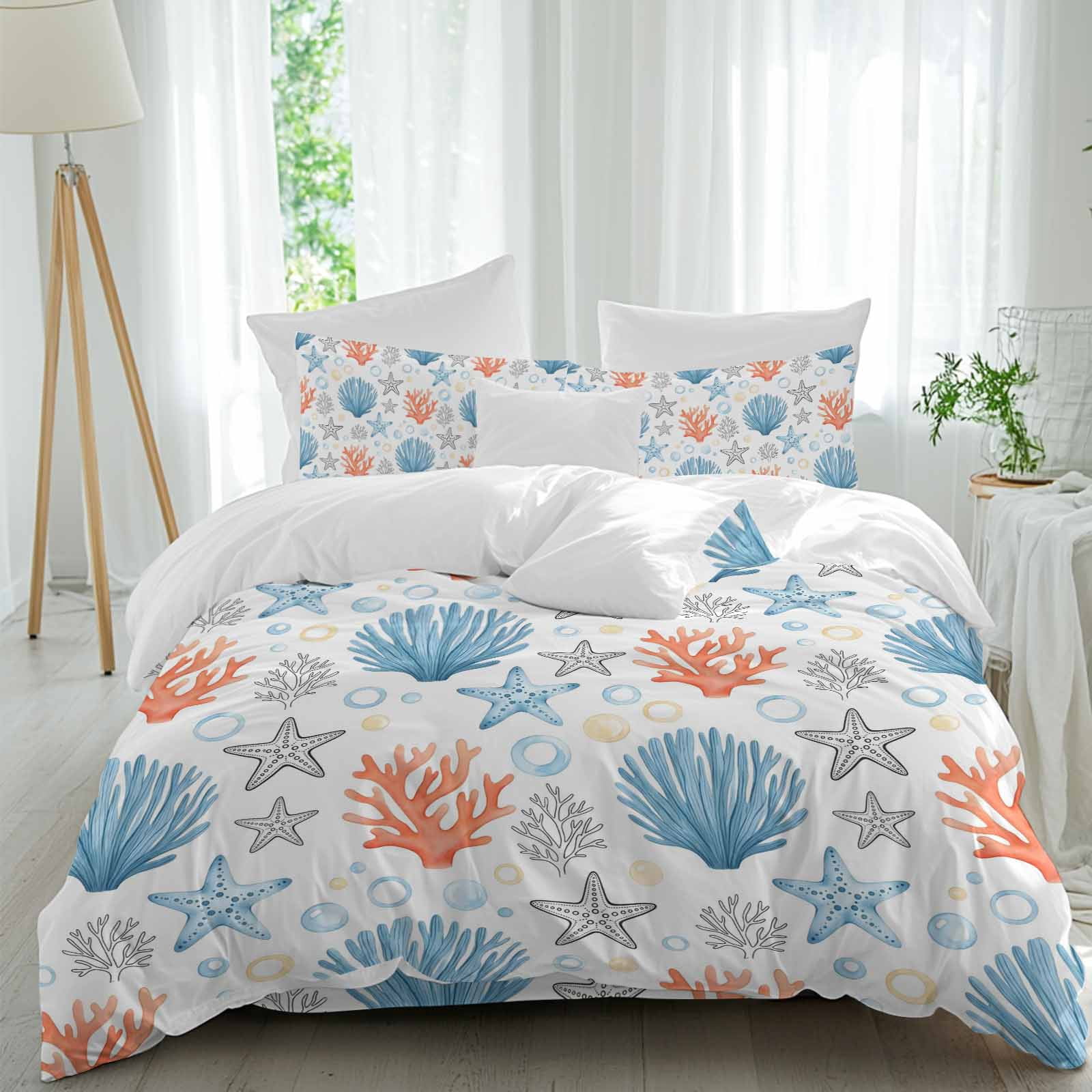 4 Piece Duvet Cover Set Full, Coastal Starfish Shell Coral Soft ...