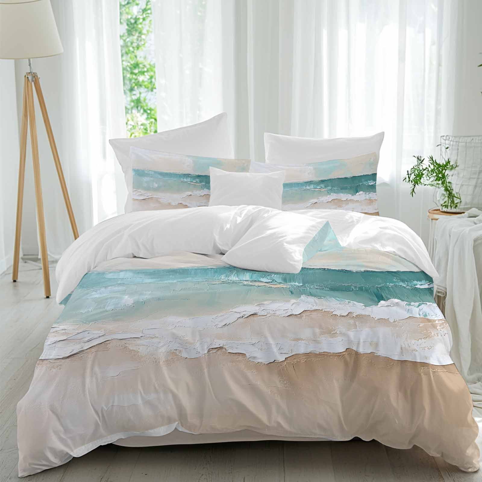 4 Piece Duvet Cover Set Full, Coastal Teal Green Ocean Waves Soft ...