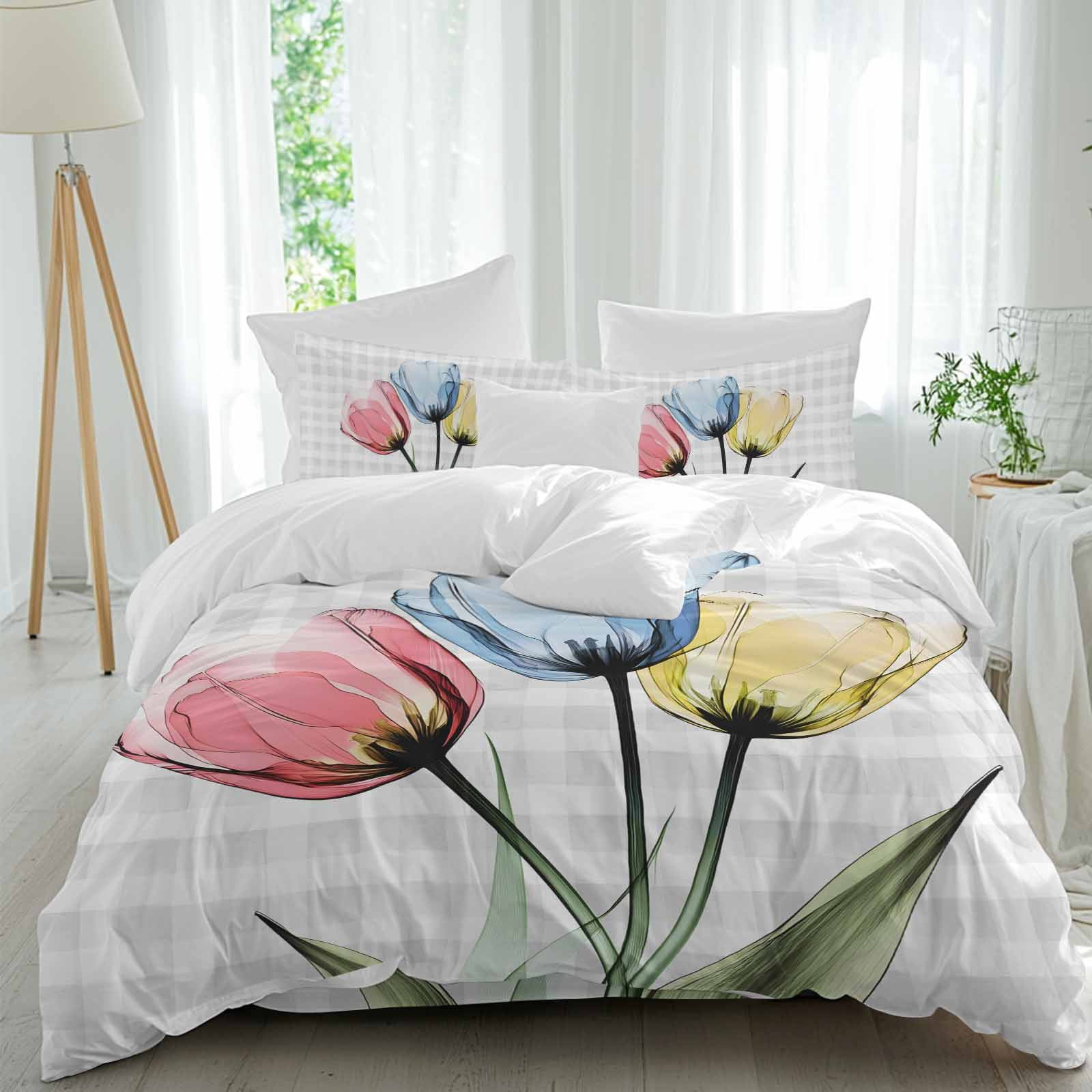 4 Piece Duvet Cover Set Full, Country Flower Buffalo Check Soft ...