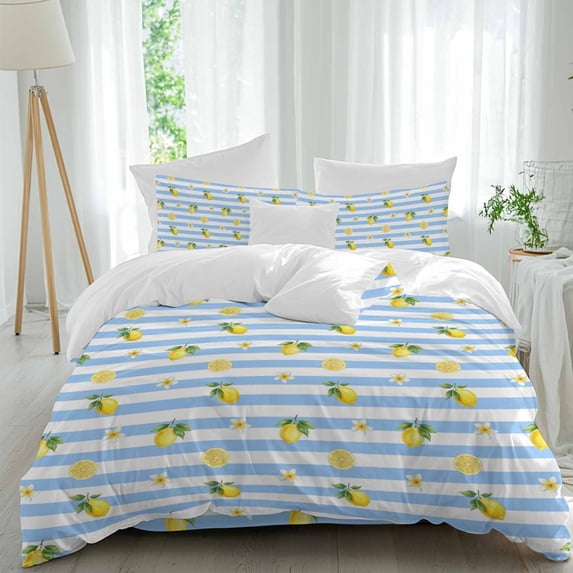 4 Piece Duvet Cover Set Full, Country Lemon Flower Blue Stripe Soft ...