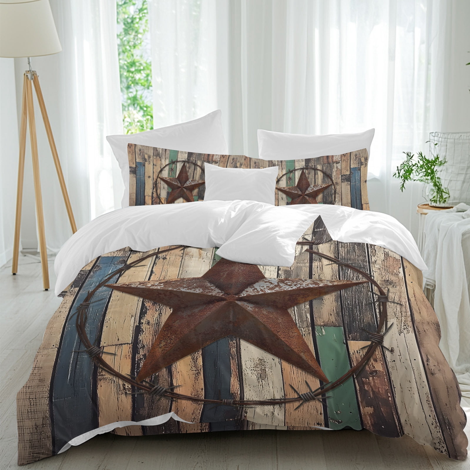 4 Piece Duvet Cover Set Full, Country Star Farm Wood Grain Soft ...