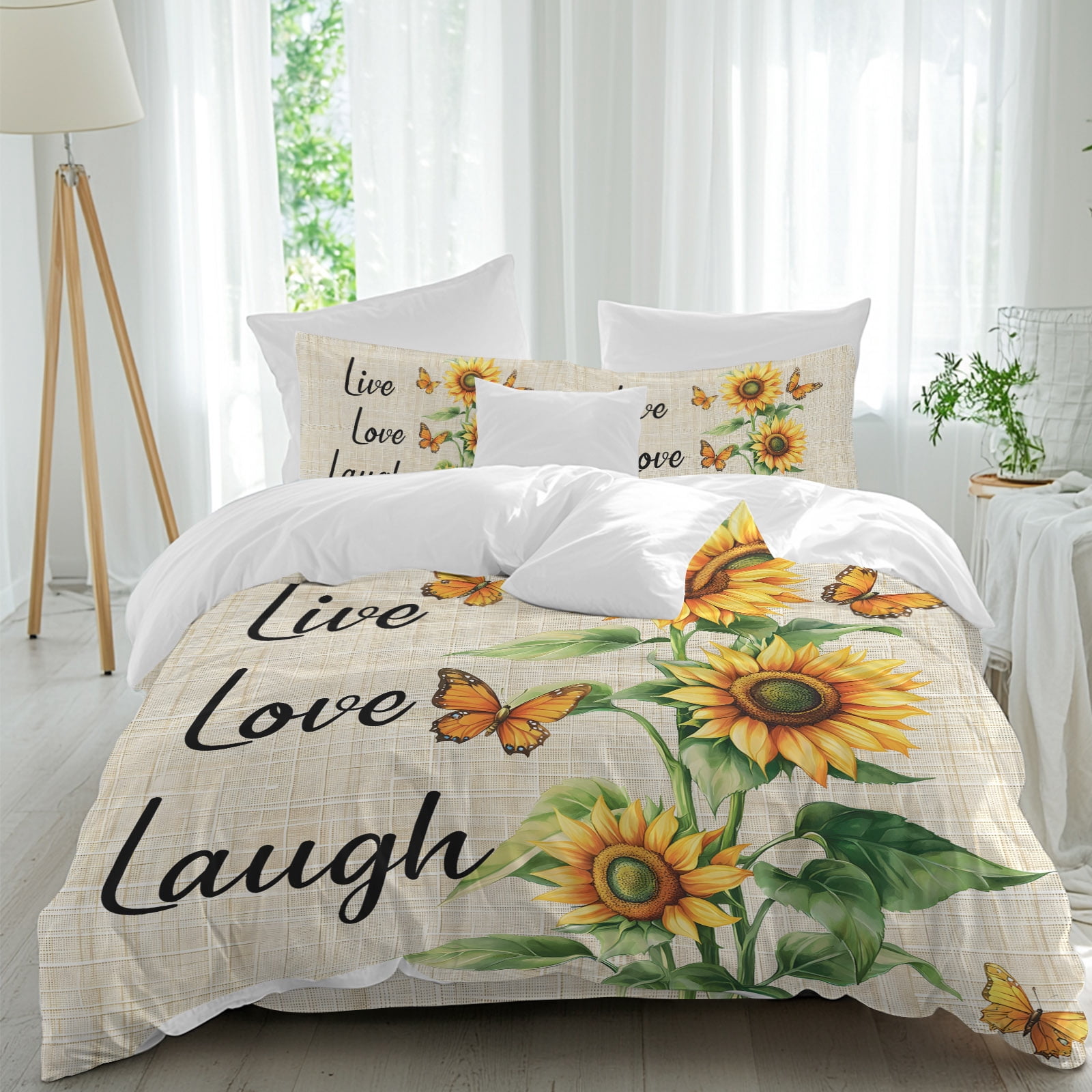 4 Piece Duvet Cover Set Full, Country Sunflower Green Leaves Watercolor ...