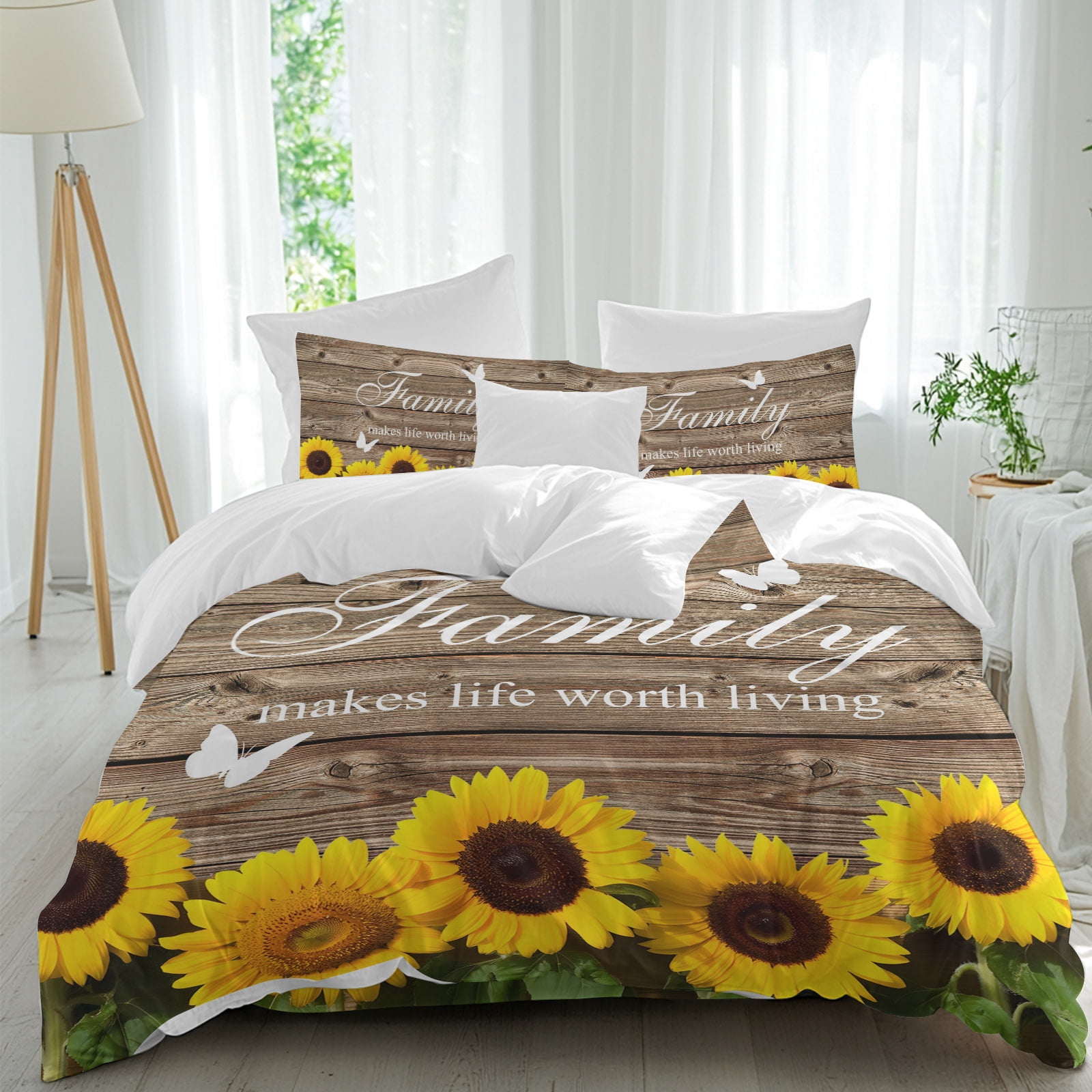 4 Piece Duvet Cover Set Full, Country Yellow Sunflower on Wood Board ...