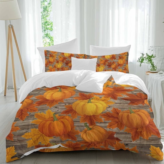 4 Piece Duvet Cover Set Full, Fall Orange Pumpkin Maple Leaves Soft ...